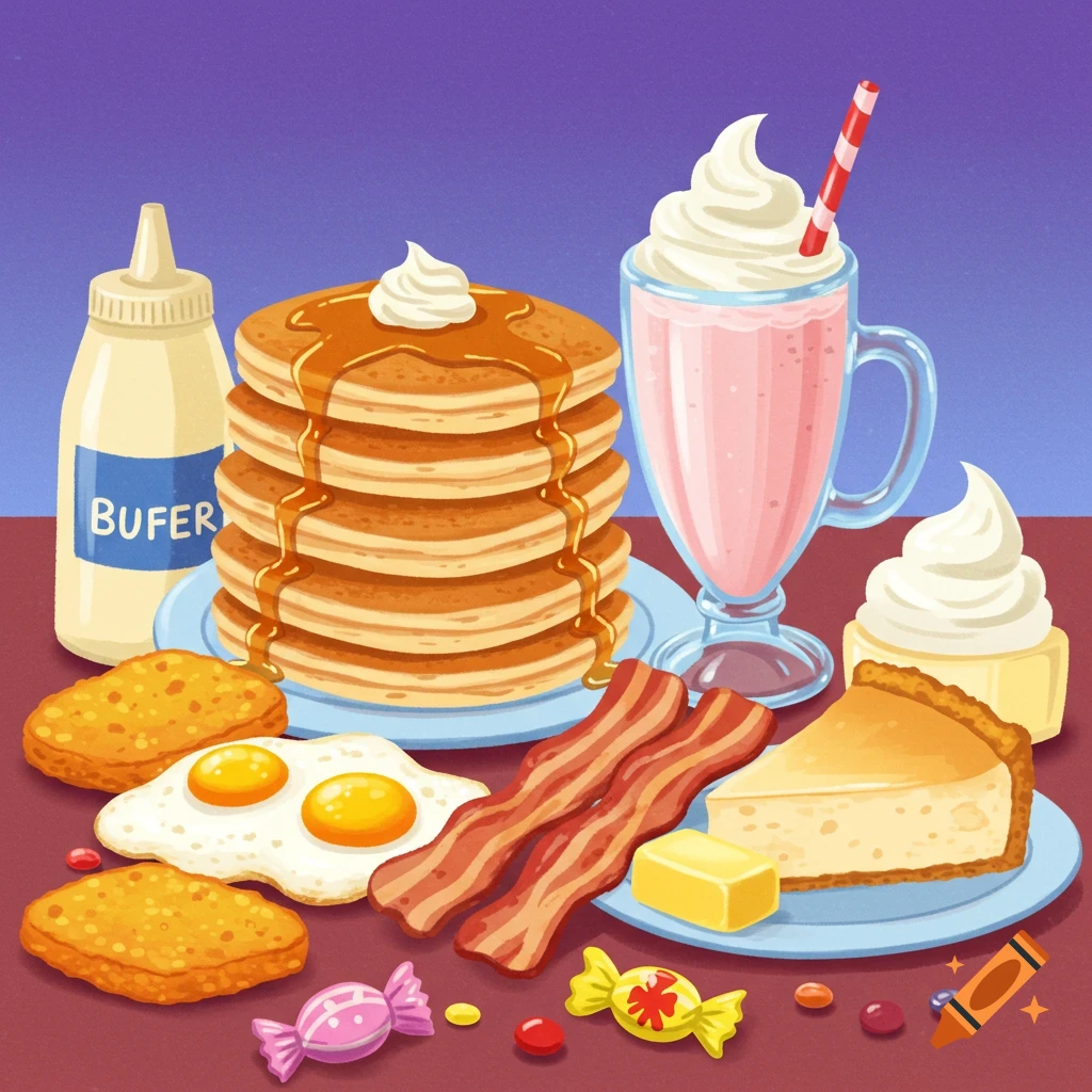 A large breakfast spread featuring pancakes, bacon, eggs, milkshake ...
