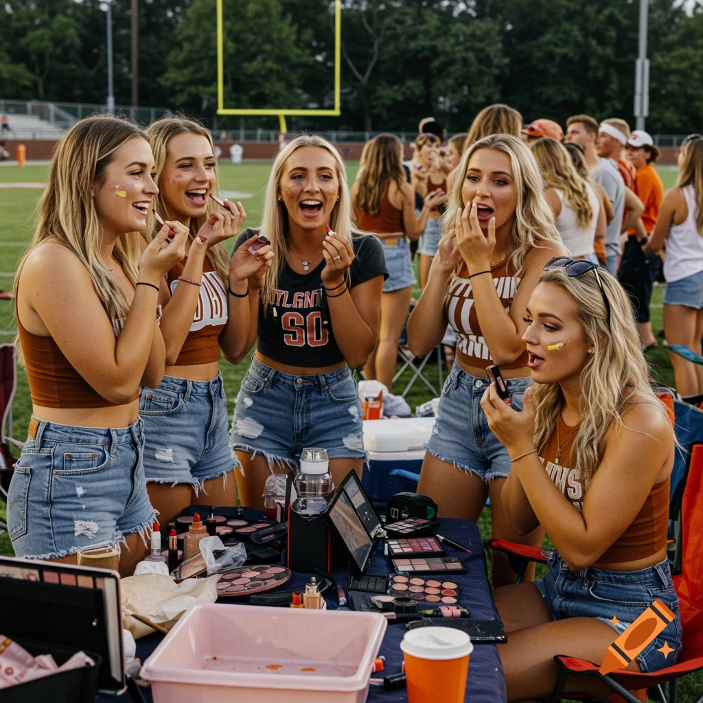 College girls applying makeup at a football tailgate on Craiyon