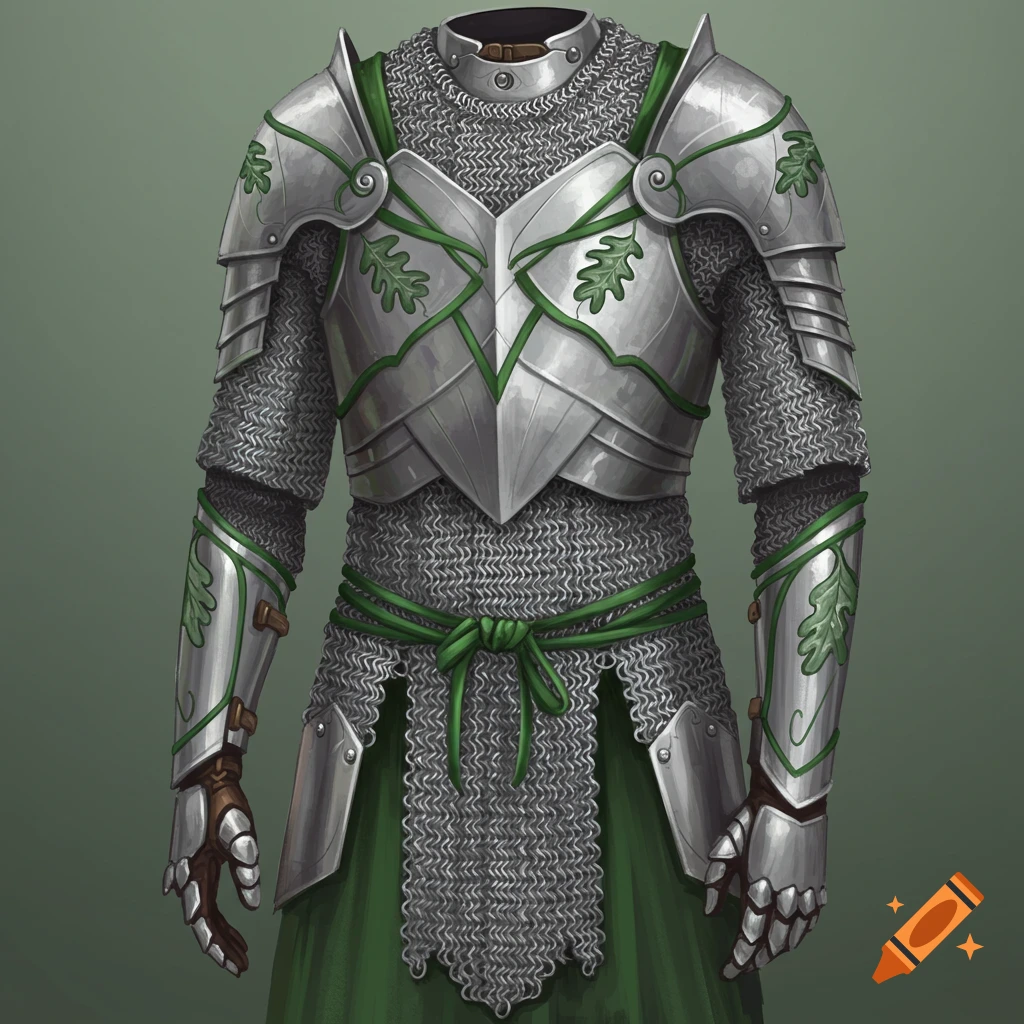 Ethereal mithril armor with forest green silk inlays and leaf motifs on ...