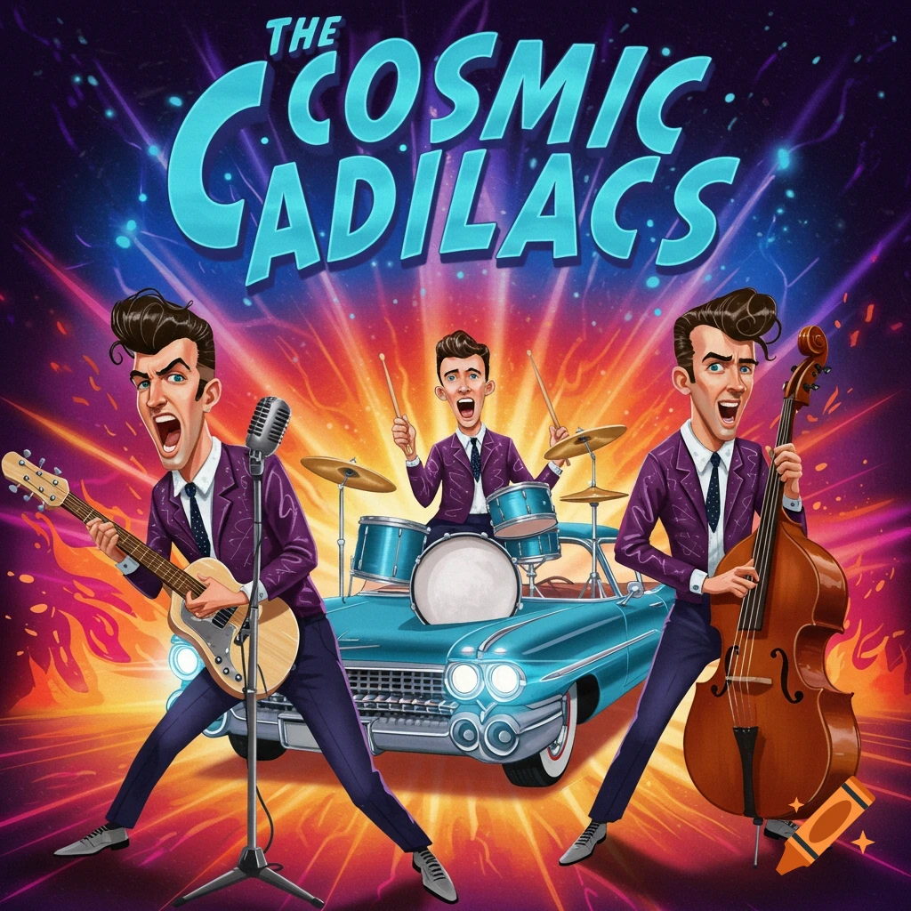 Cartoon rock and roll musicians in front of a 1950s Cadillac with text ...