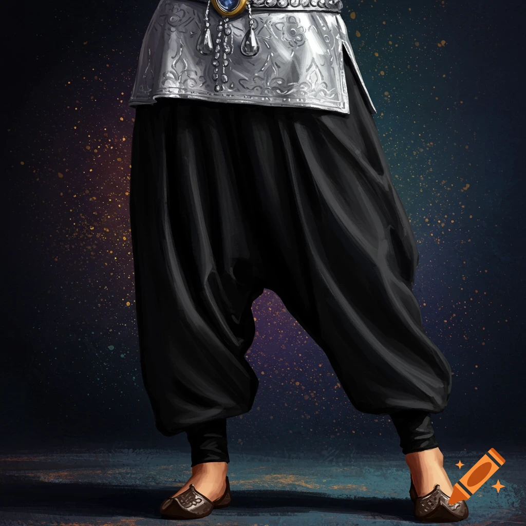 Black harem pants and silver tunic on Craiyon