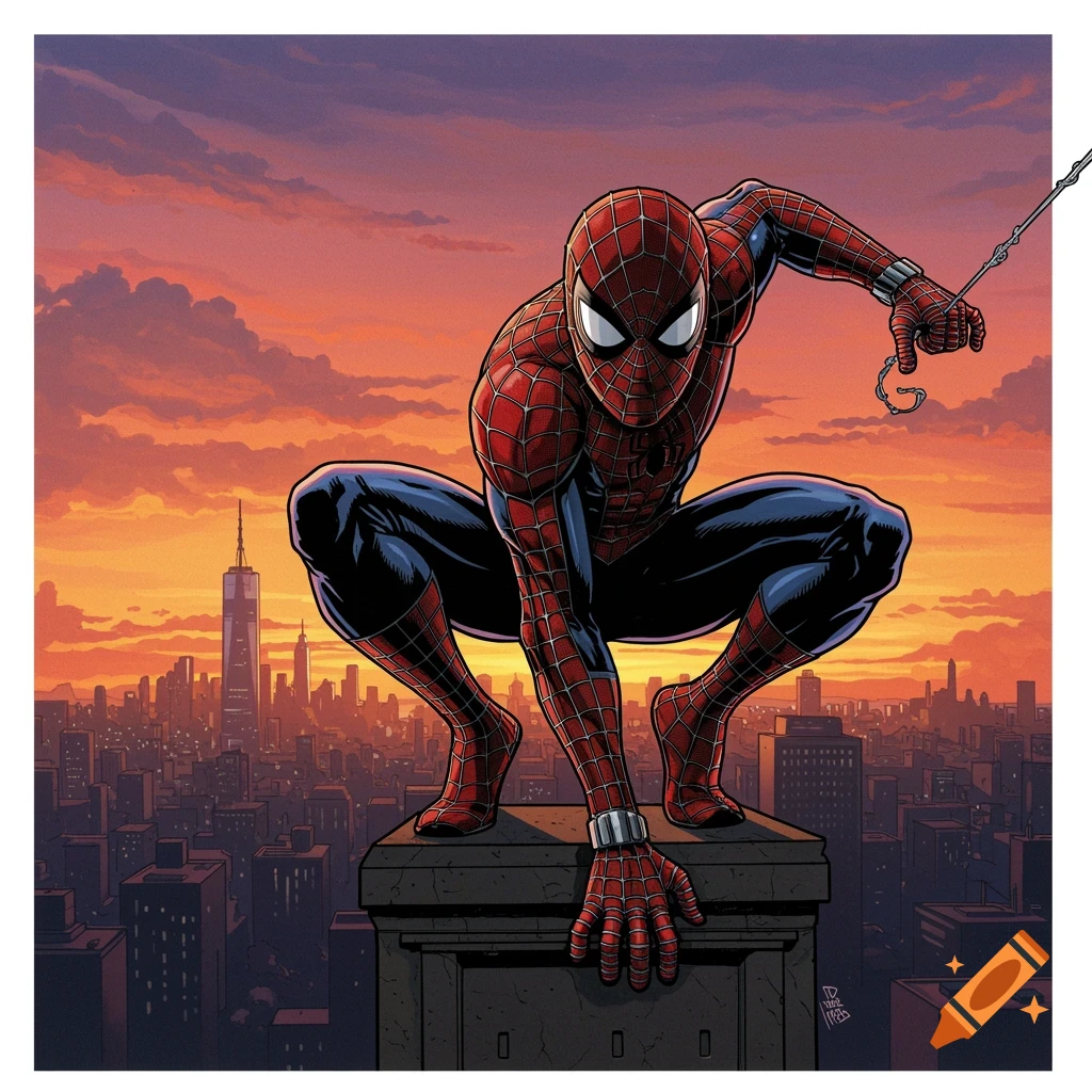 Spider-Man perched on a building overlooking a city at sunset in a ...