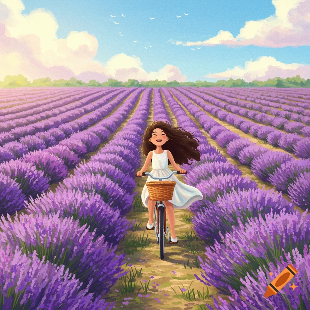 Girl with brown curly hair riding a bike in a lavender field on Craiyon