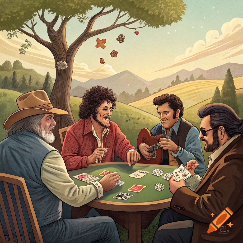 Four men play poker and music outdoors in an illustrative style. on Craiyon