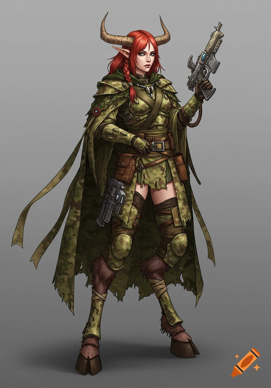 Sci-fi Eldar Ranger, red-haired elf with camouflage cloak and satyr ...