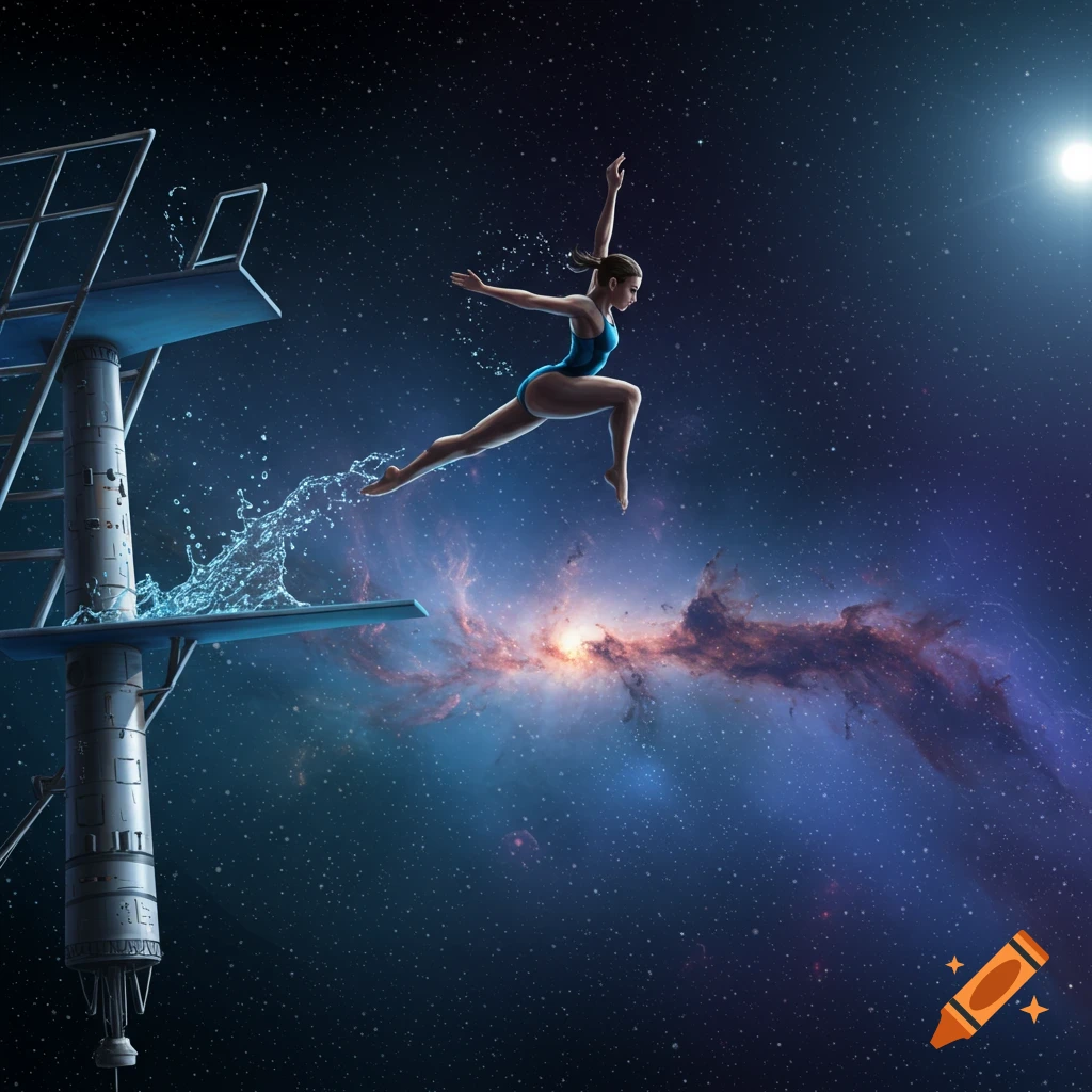 A woman in a swimsuit dives from a platform into space, with a nebula ...