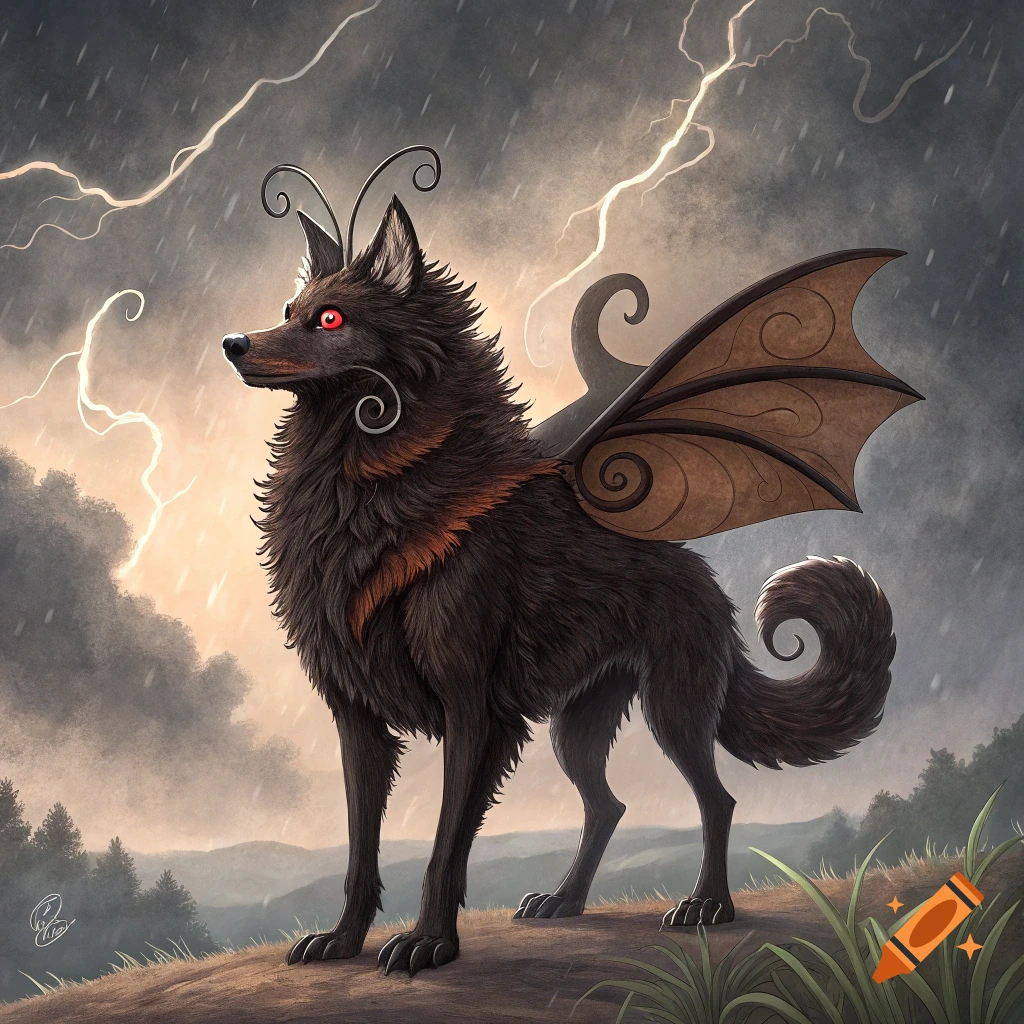 Hellhound moth hybrid creature with beak, four arms, antennae, dark fur, red eyes, fluffy tail ...