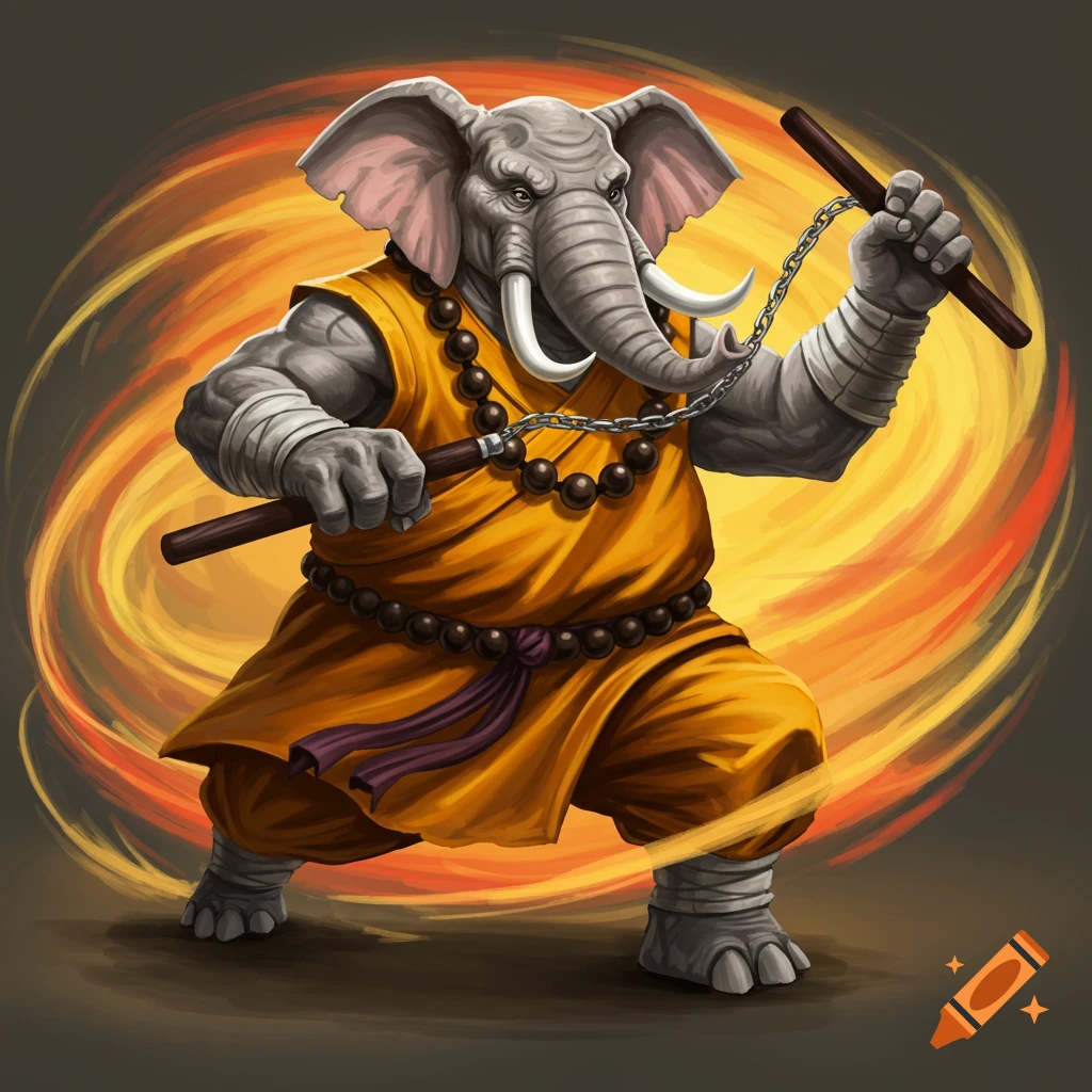 Loxodon monk with nunchucks on Craiyon