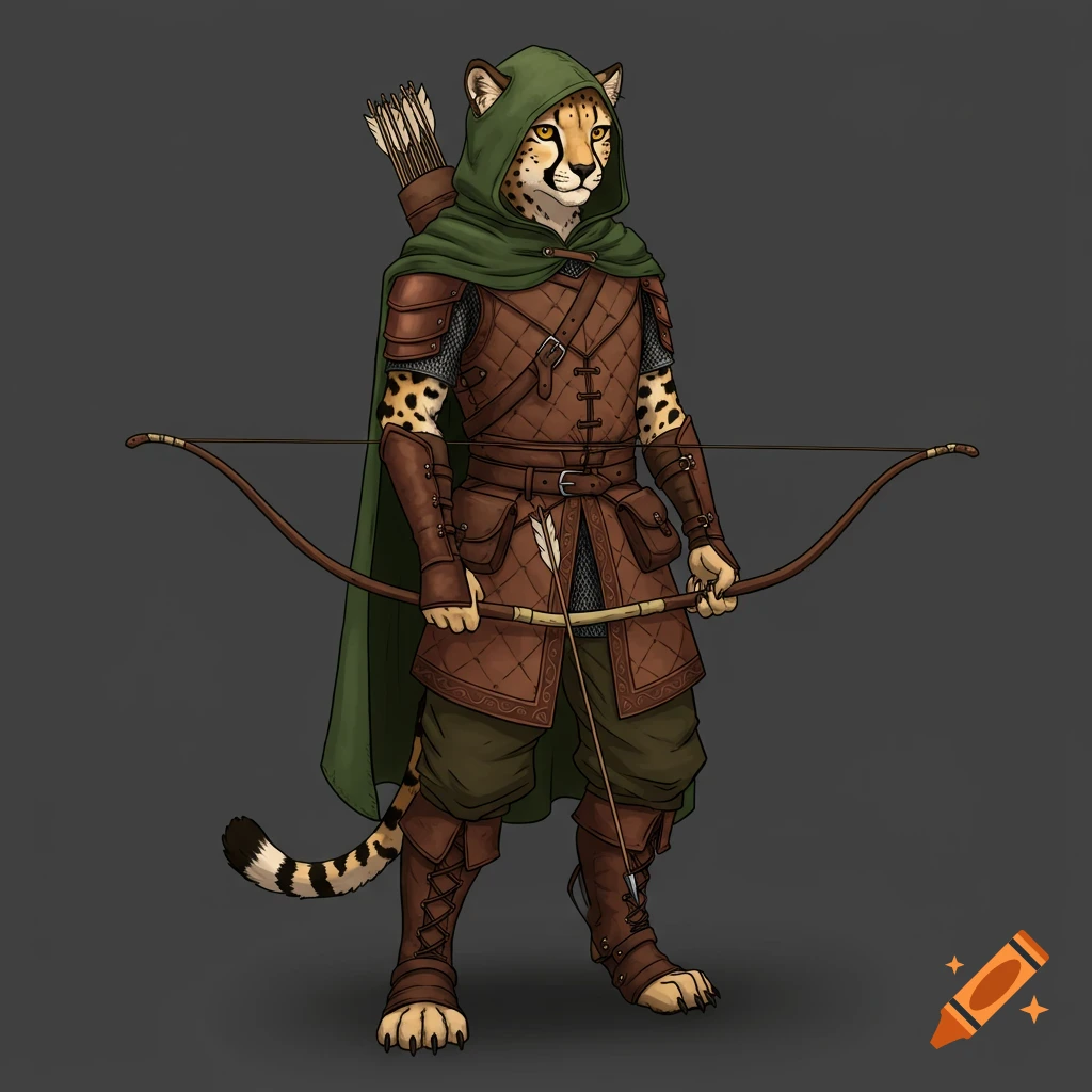 Humanoid cheetah ranger in medieval leather armor with bow and quiver ...