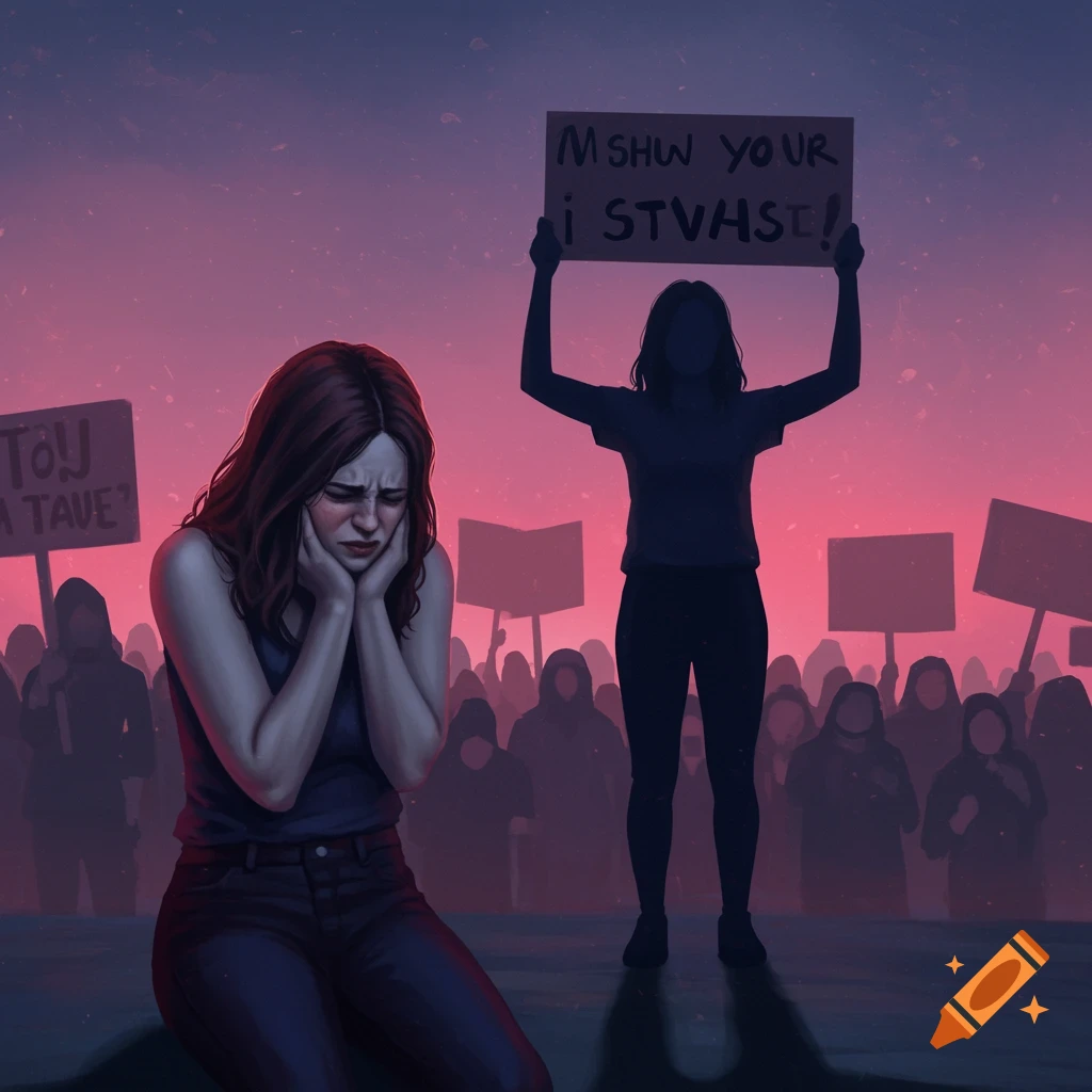 Woman doubled over in menstrual pain with a strong, protesting shadow ...