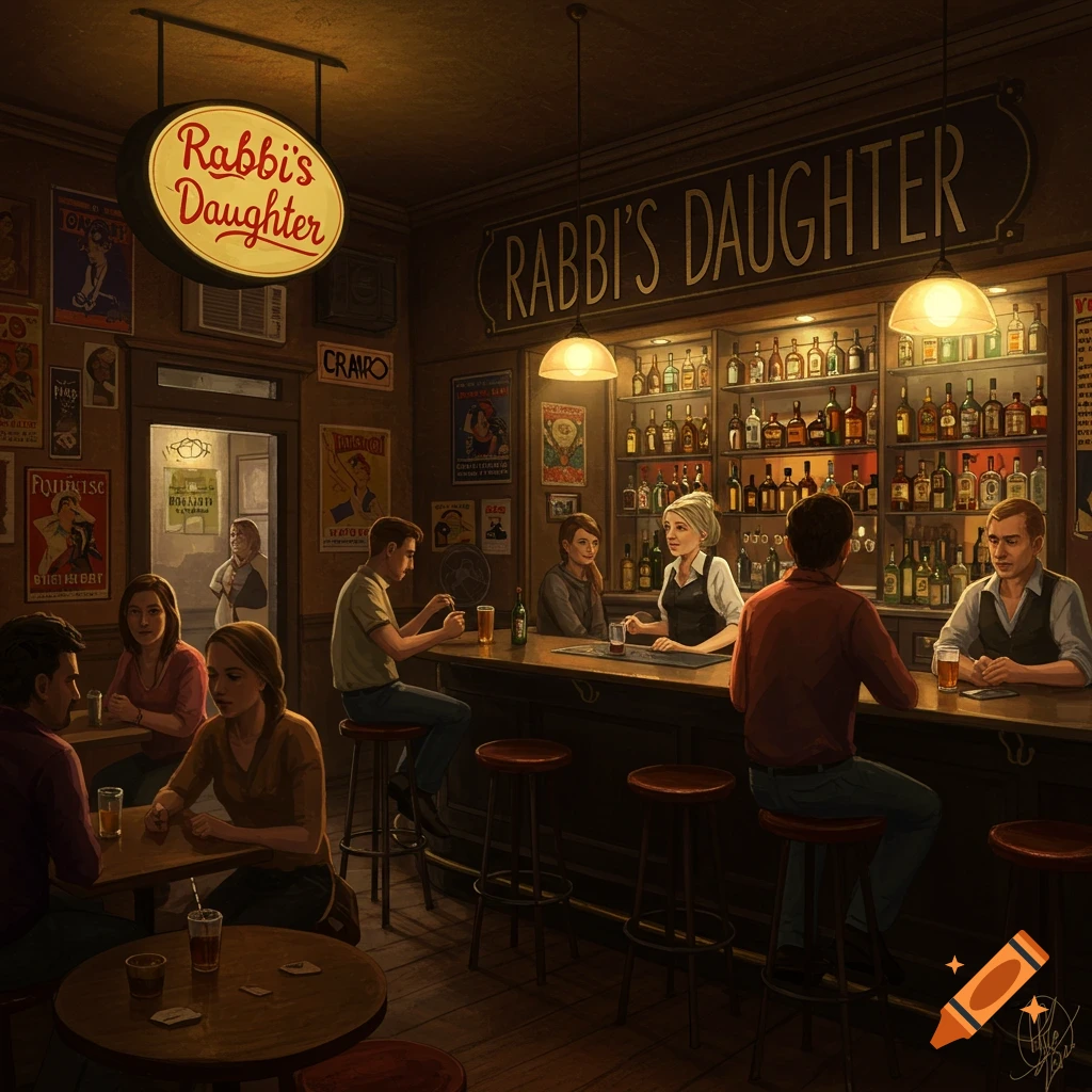 People inside a cozy bar with a bartender behind the counter. on Craiyon