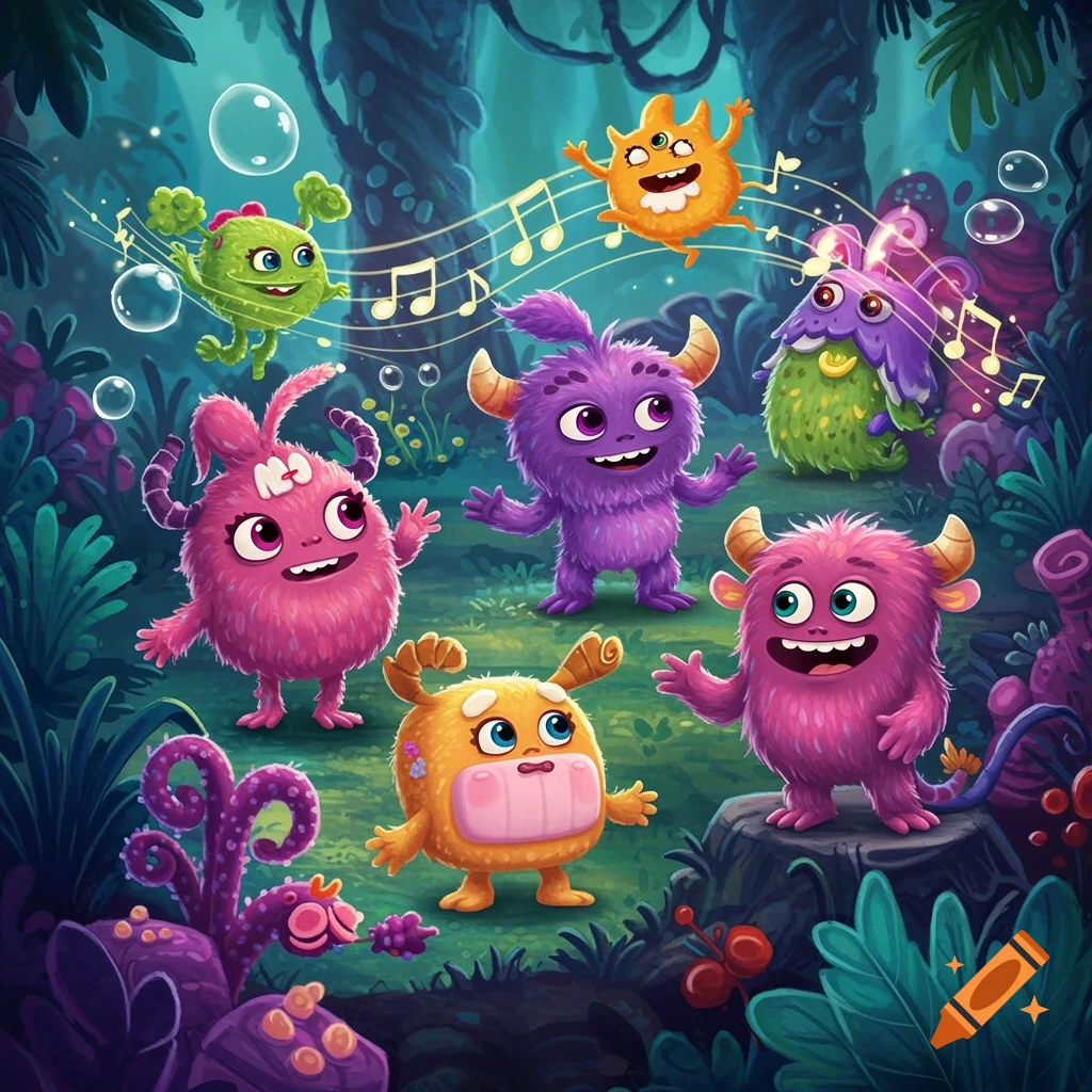 Colorful cartoon monsters singing together with musical notes and a ...