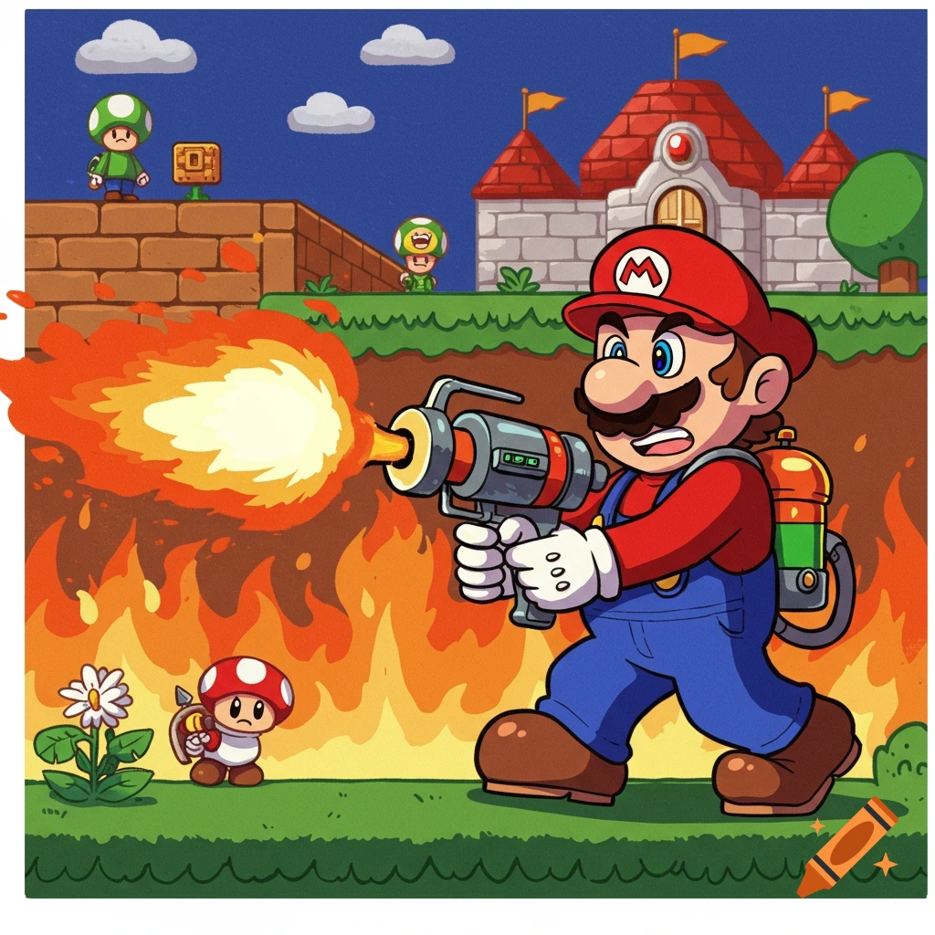 Mario wielding a flamethrower in a Super Mario-style level, with ...