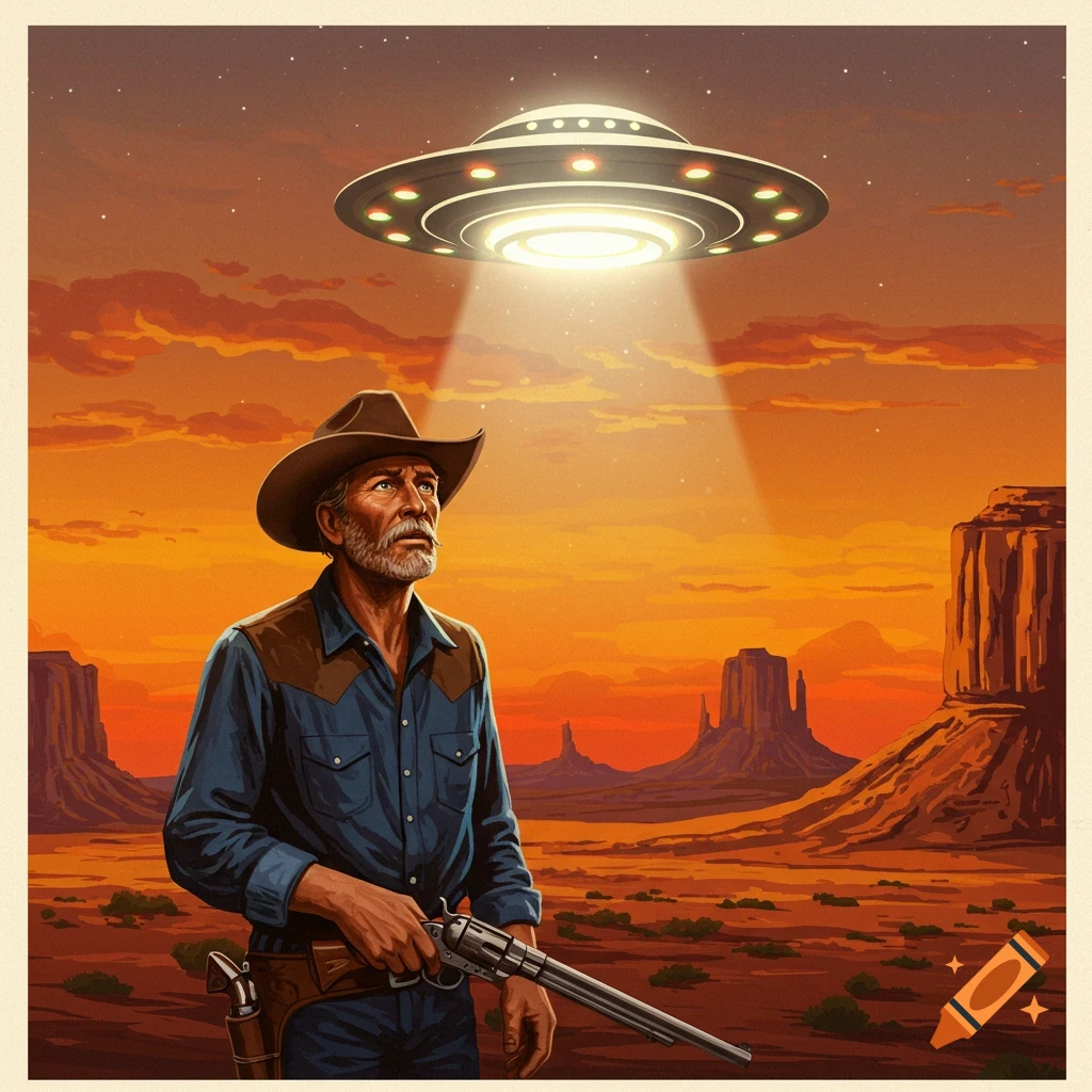 A cowboy in a long coat talks to a woman in a red robe in a desert at ...