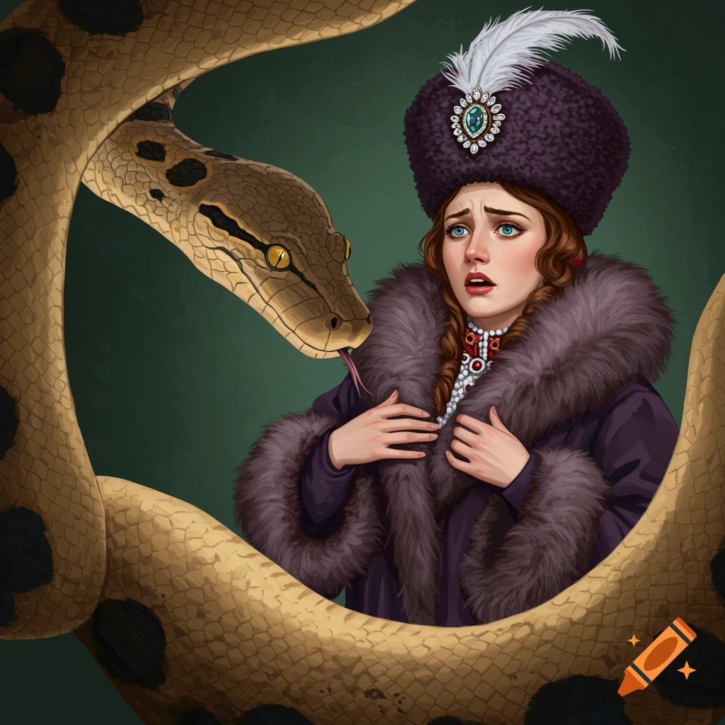 A terrified woman in a fur coat and hat faces a large snake's head. on ...