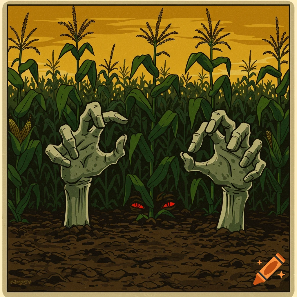 Cartoon of scary hands and eyes in a cornfield, creeper of the corn ...