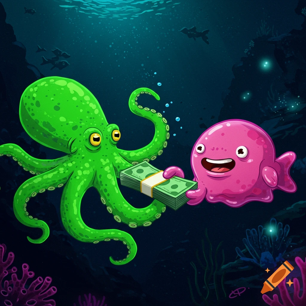 Cartoon green octopus gives cash to a pink blob fish underwater. on Craiyon