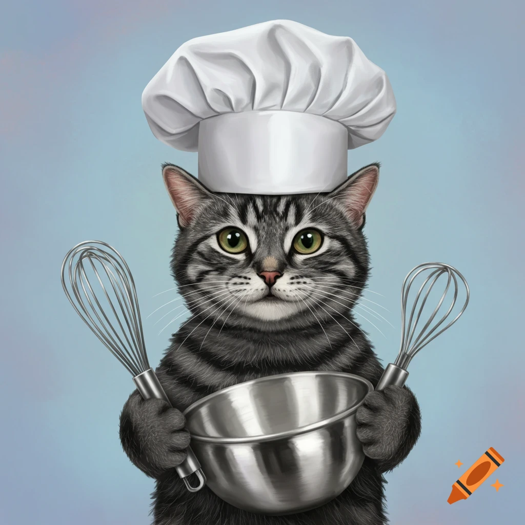 Black tabby cat wearing chef hat with whisk and mixing bowl on Craiyon