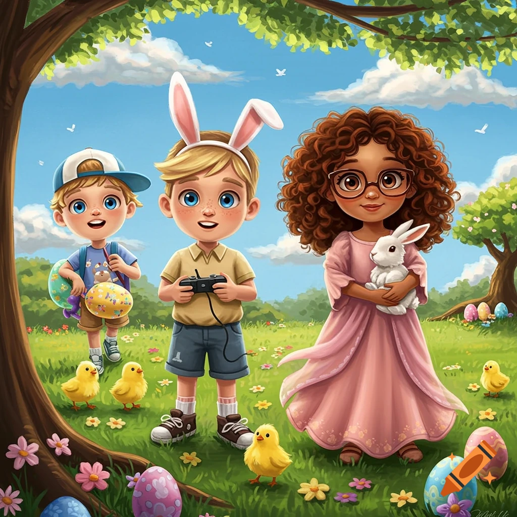 Happy Easter with children, rabbit, chicks, tree, flowers, blue sky on ...