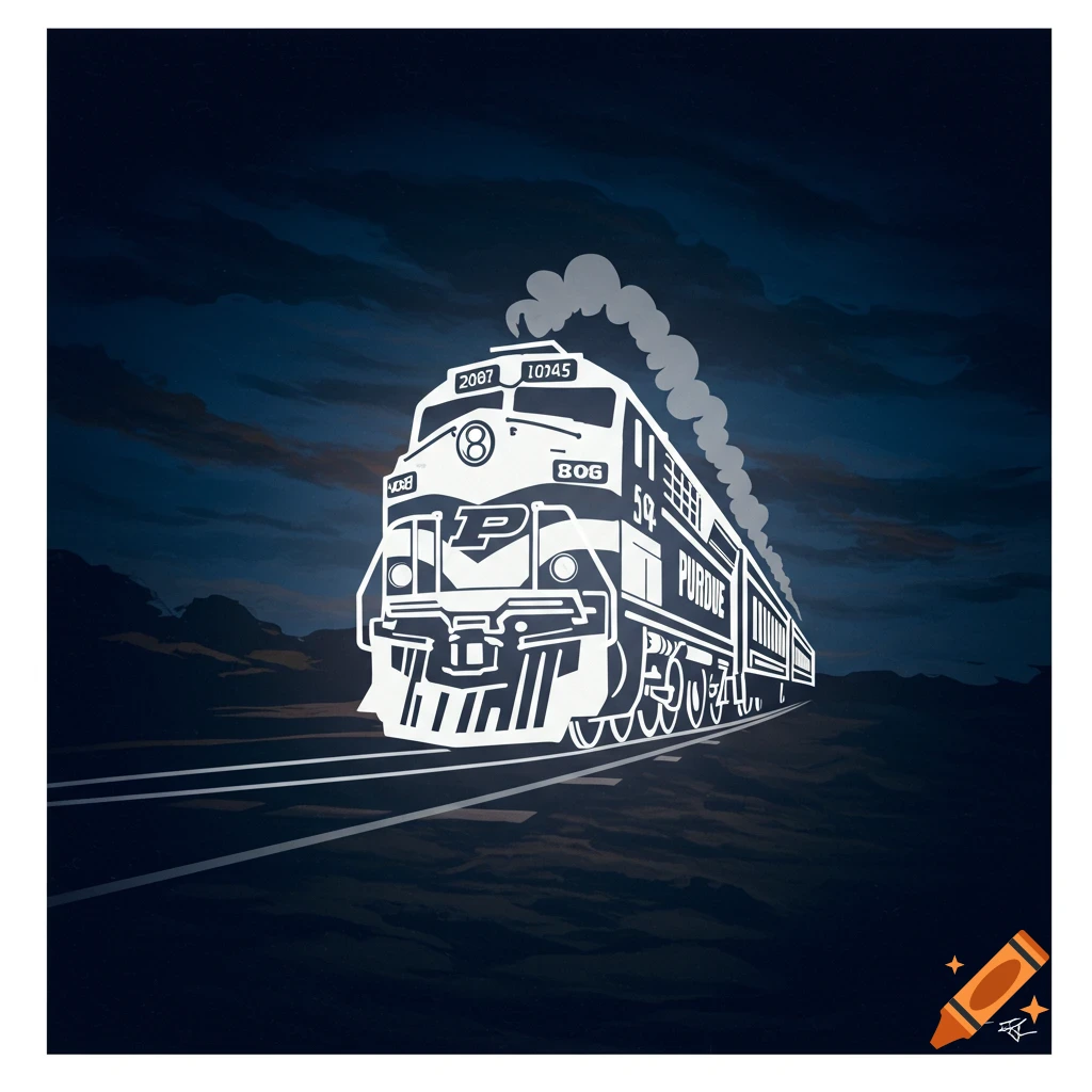White outline of a Purdue Boilermaker train on Craiyon
