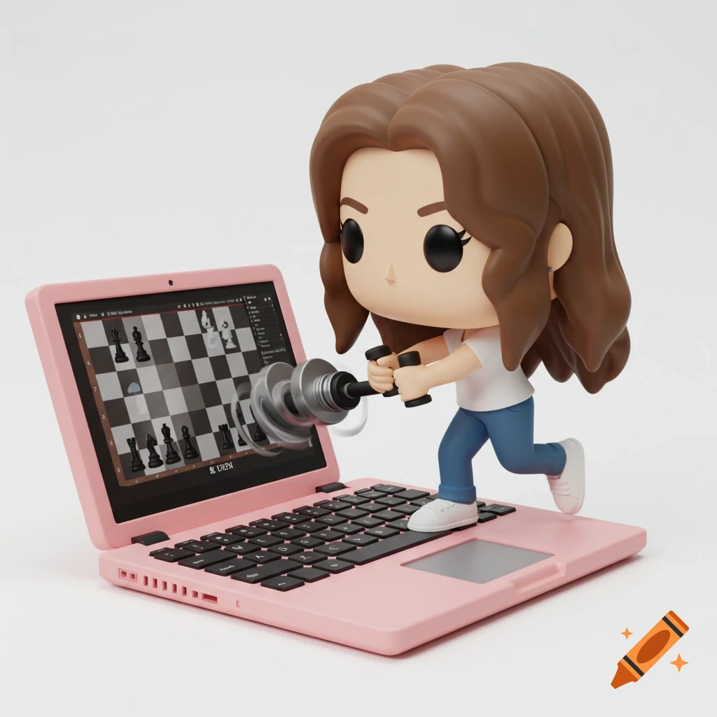 Funko Pop figure of a girl playing chess on a pink computer on Craiyon