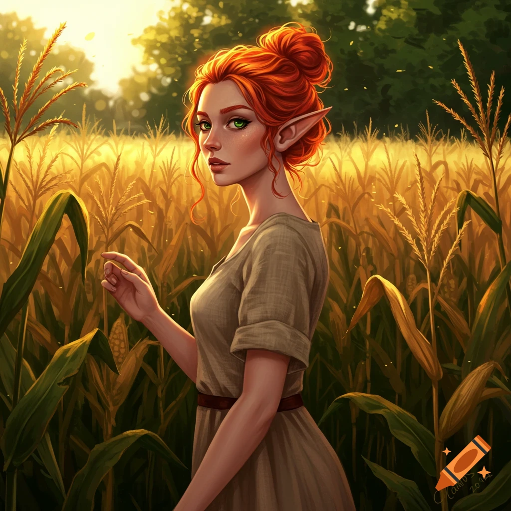 A half-elf woman with red hair stands in a sunlit corn field. on Craiyon