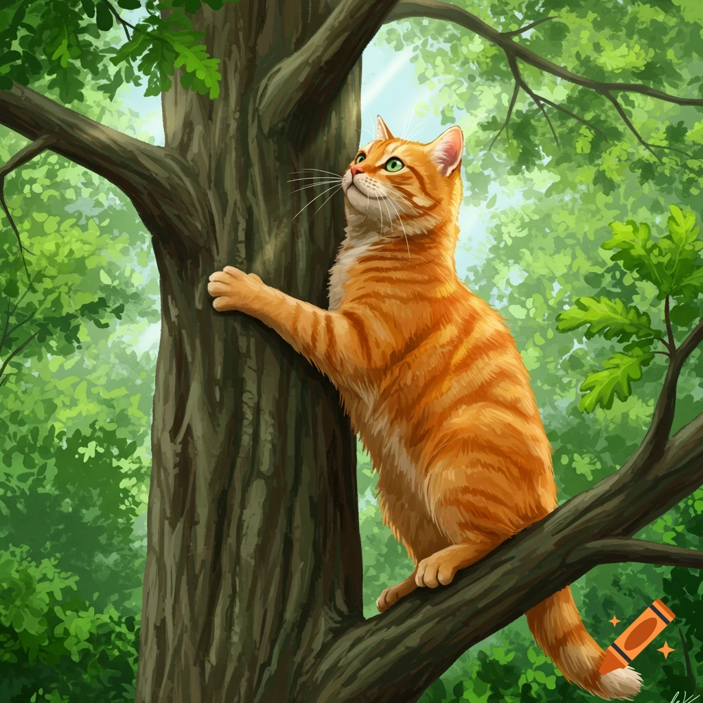 Orange cat climbing a tree on Craiyon