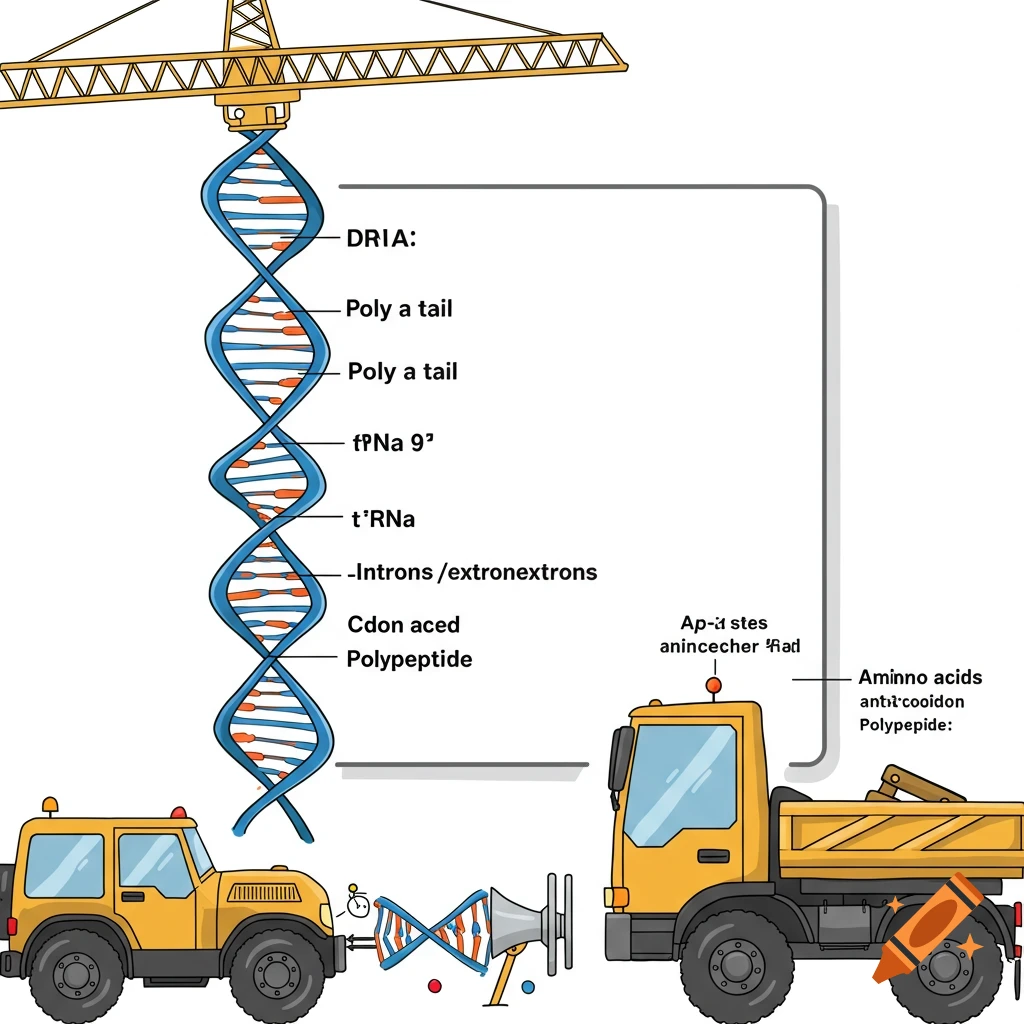 Cartoon frame illustrating DNA, RNA, and protein synthesis process on ...