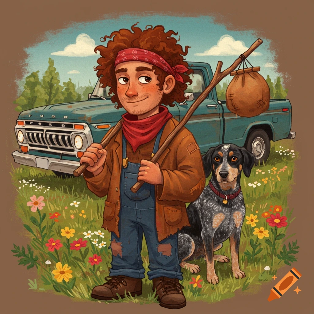 Man with bandanna, dog, hobo sack, and Ford truck on Craiyon