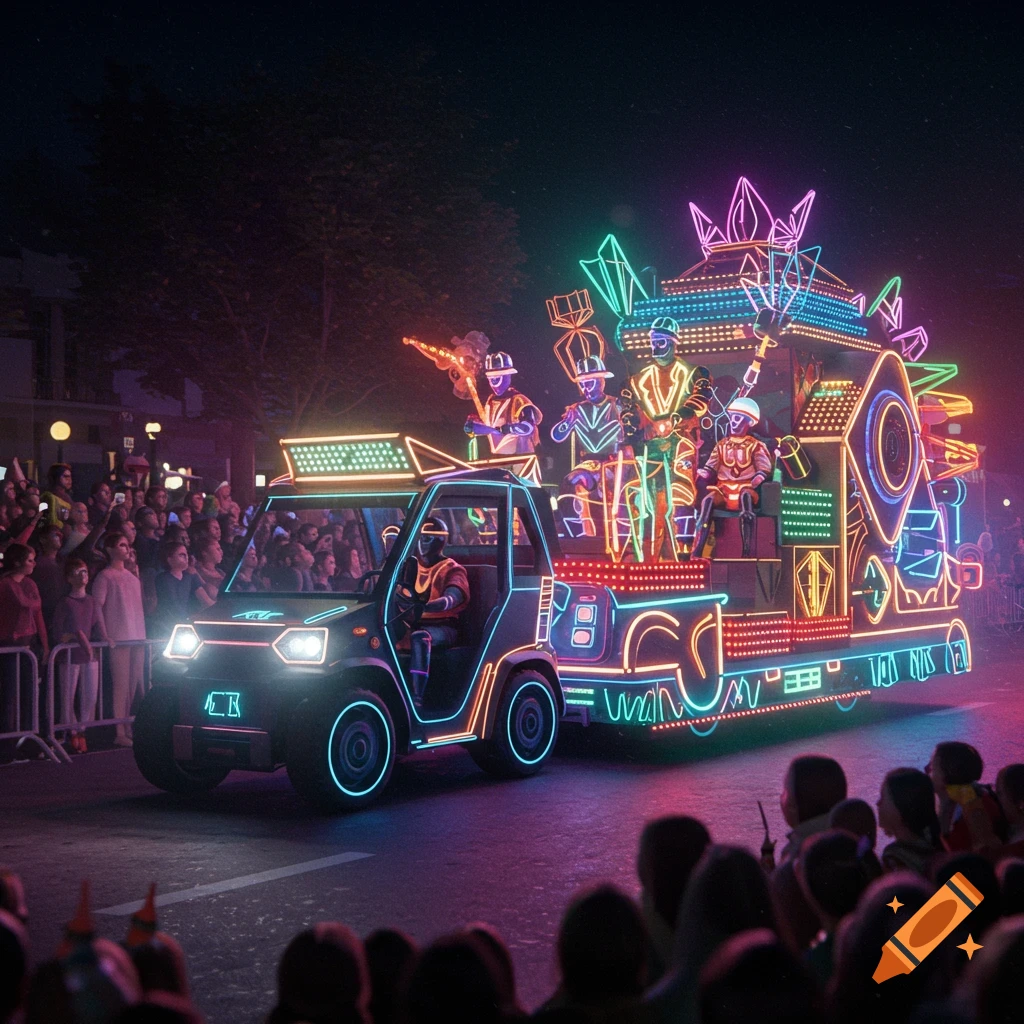 Neon lit parade float on Craiyon