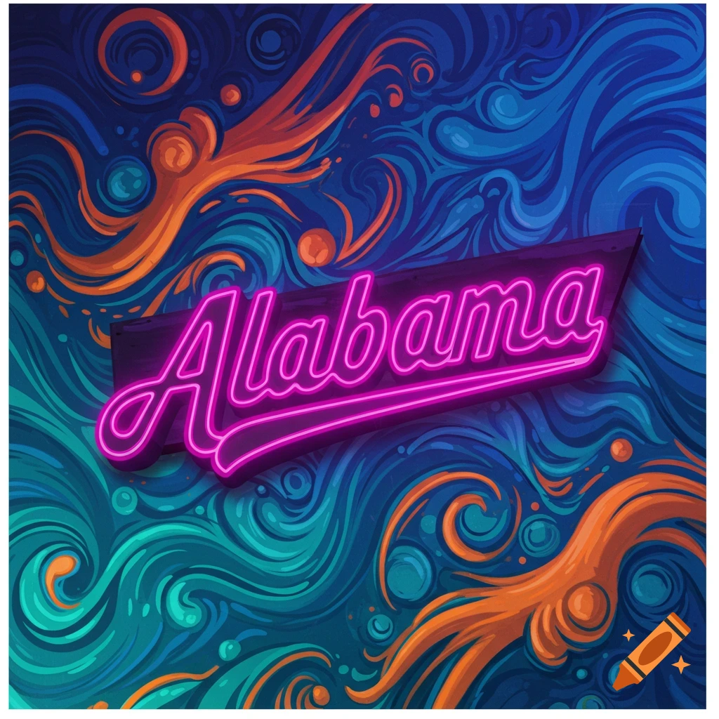 Pink neon sign reading Alabama over swirling abstract blue, green, and ...