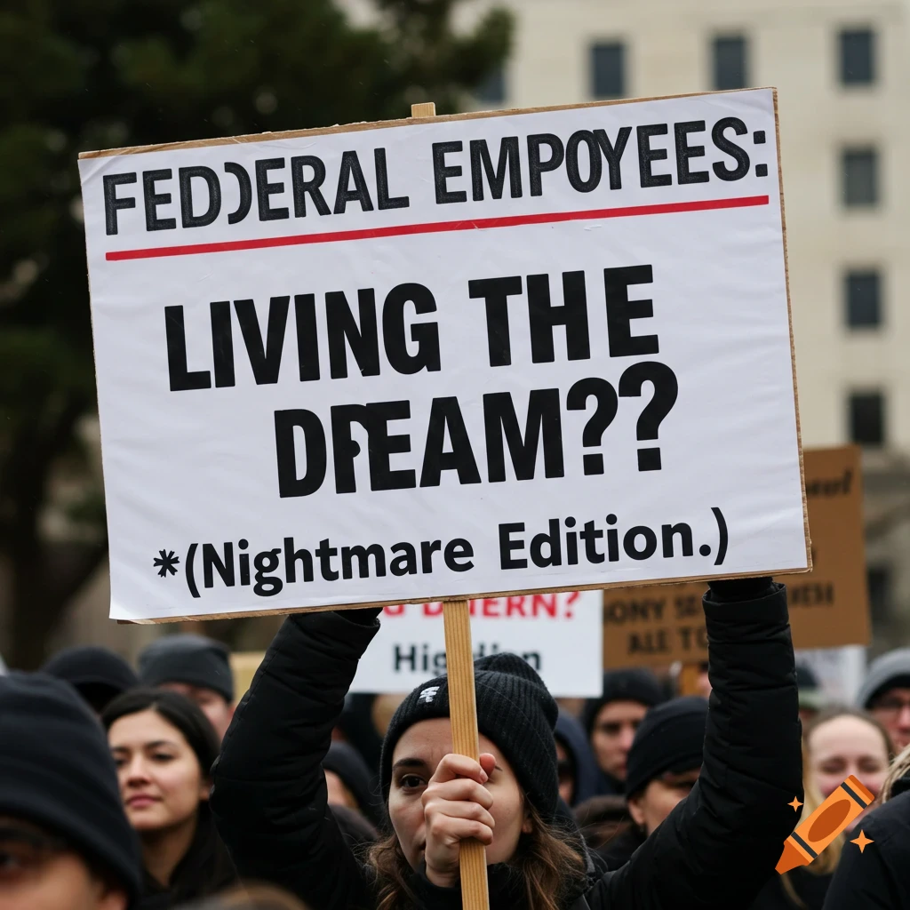 Protest sign with bold statement questioning federal employment on Craiyon