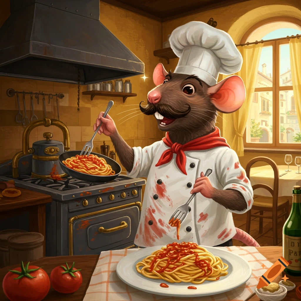 A cartoon rat chef cooks spaghetti in a kitchen. on Craiyon