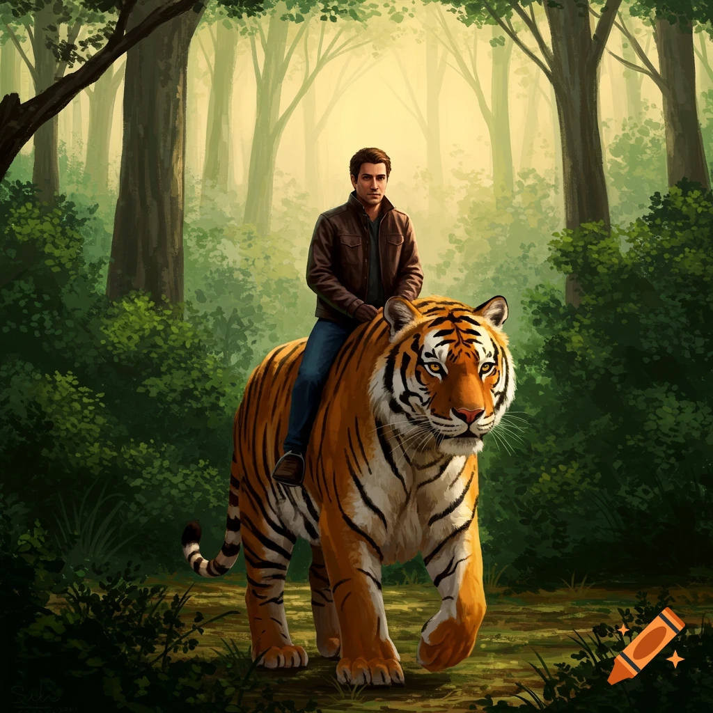 Man riding a tiger in a forest on Craiyon