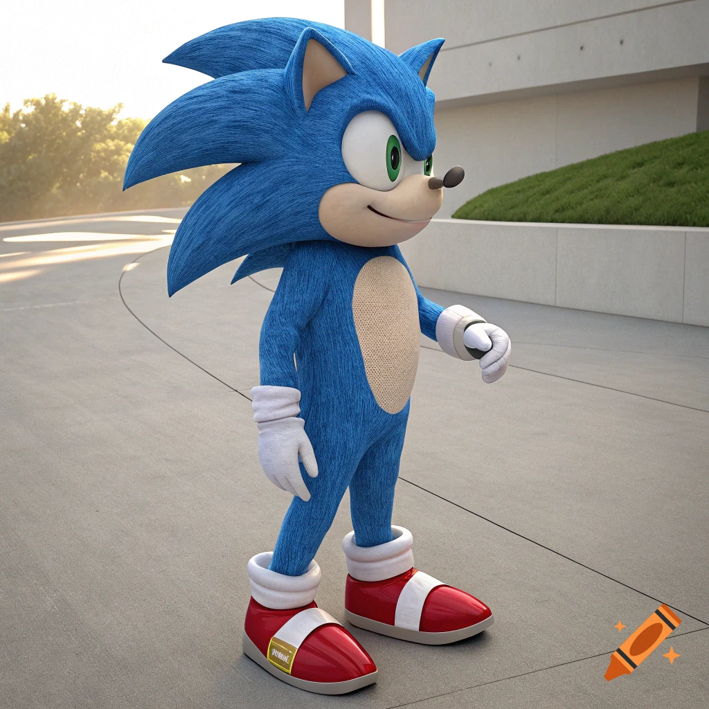 A 3D render of Sonic the Hedgehog standing outdoors in a sunny setting. on Craiyon