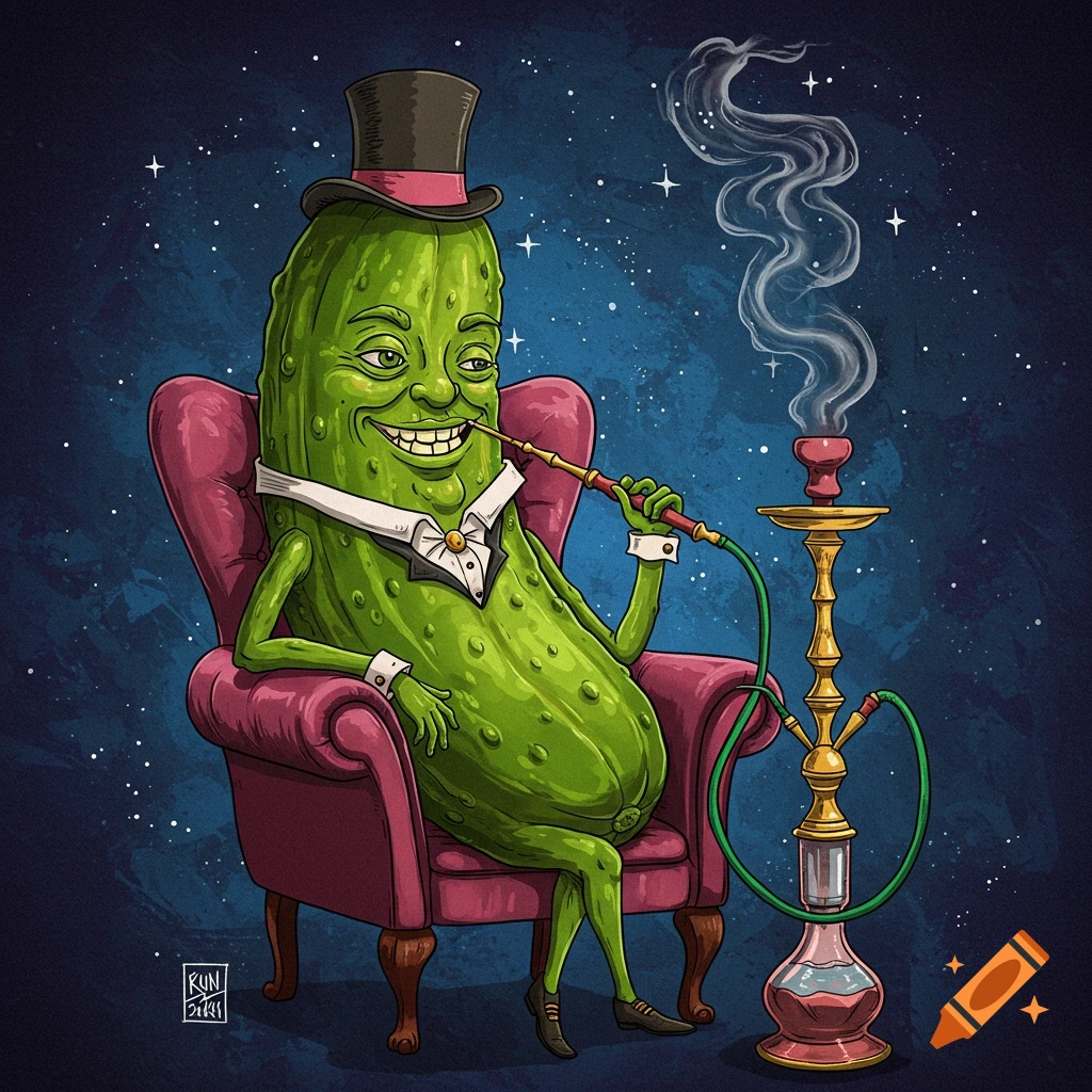 A humanoid pickle in a top hat and tuxedo sits in a chair smoking a ...