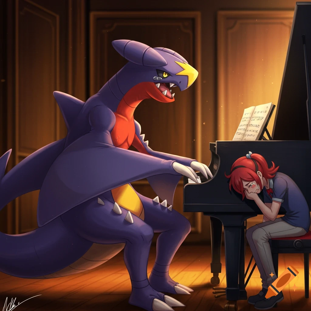 Garchomp plays the piano while a trainer cries. on Craiyon