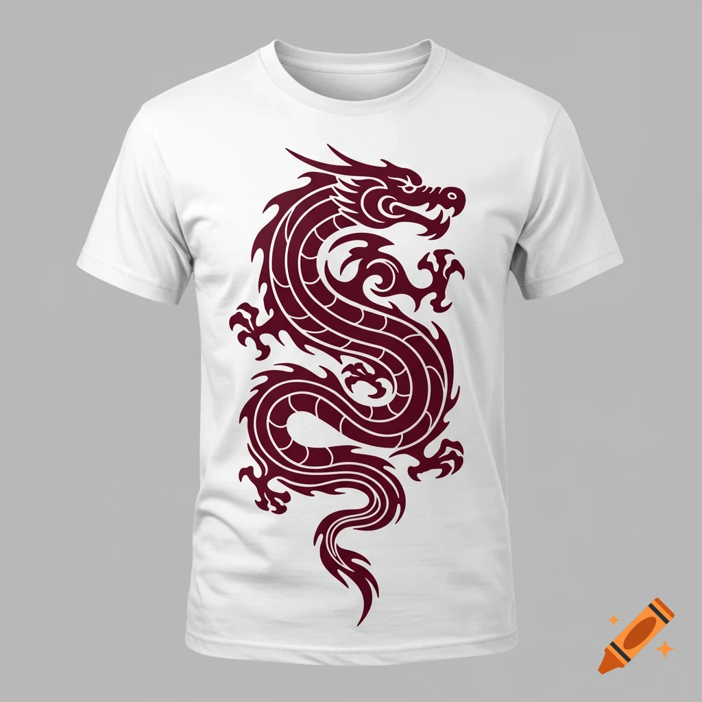 A white t-shirt with a dark red stylized dragon design. on Craiyon