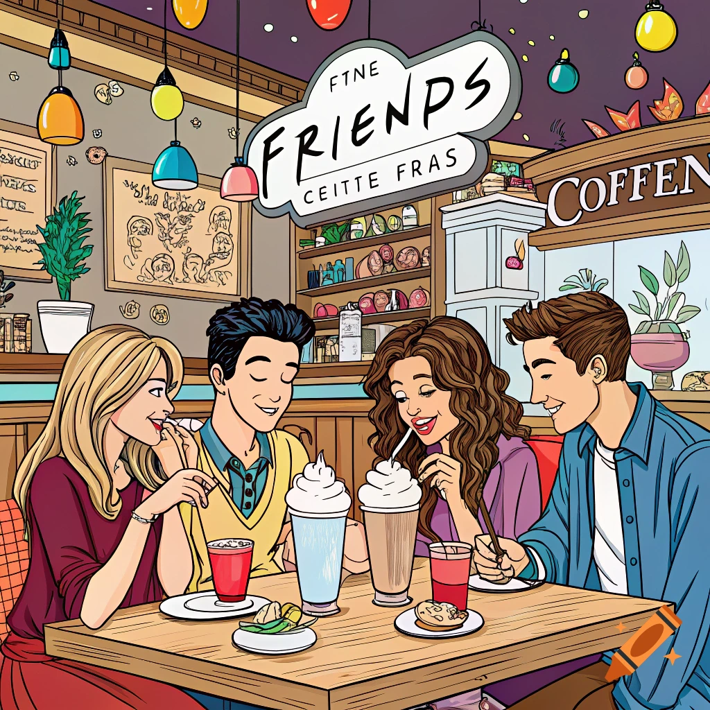 Friends cast in a New York cafe, Pixar-themed coloring sheet on Craiyon