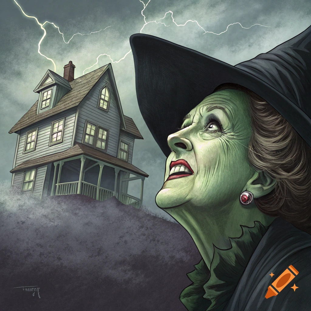 Margaret Thatcher as Wicked Witch of the East looking at floating house ...