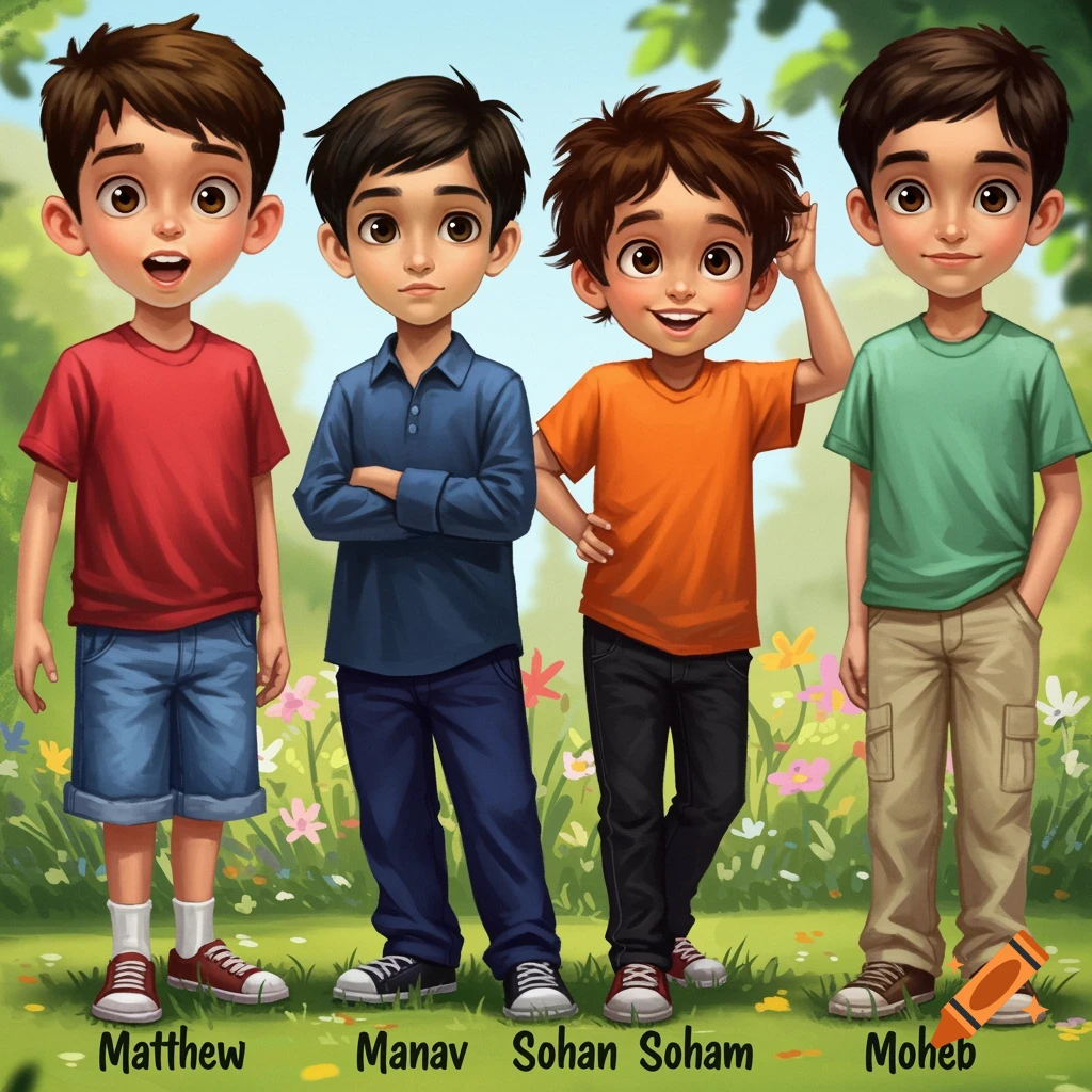 Four kids, Matthew, Manav, Soham, and Moheb on Craiyon
