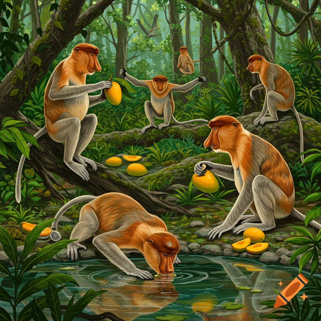 Proboscis monkeys in a jungle eating fruit and drinking water on Craiyon
