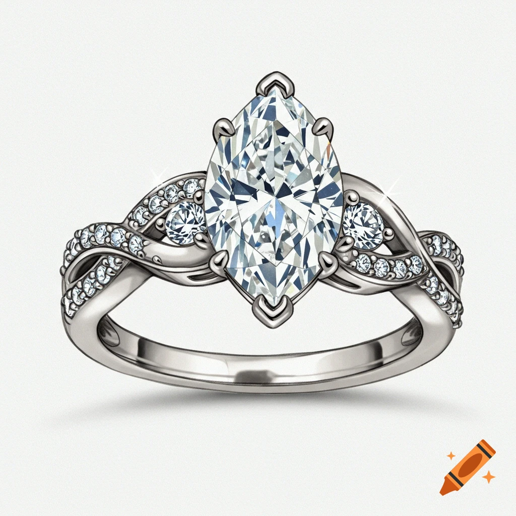A silver marquise diamond engagement ring with side stones and a ...