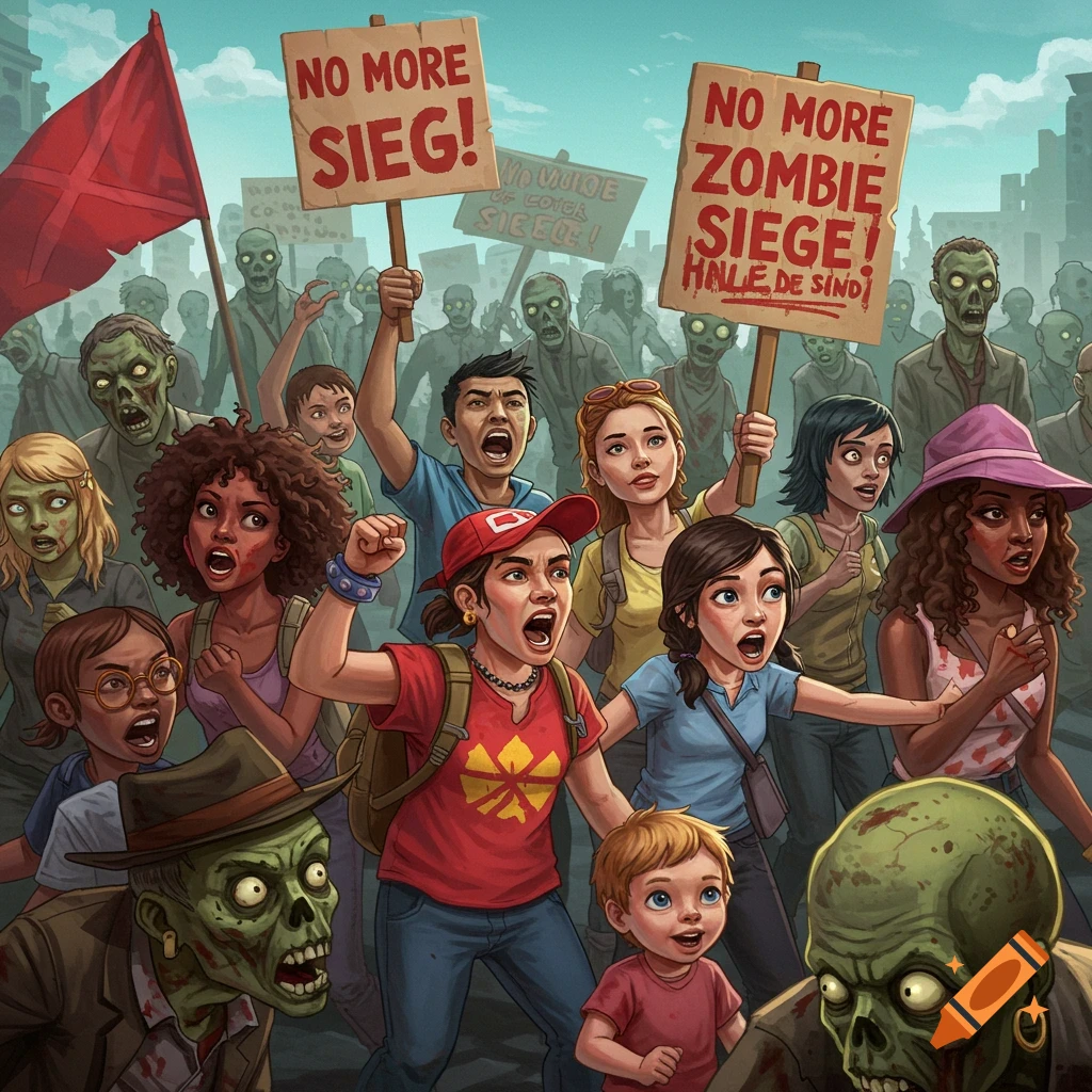 People are protesting with signs alongside a crowd of zombies. on Craiyon