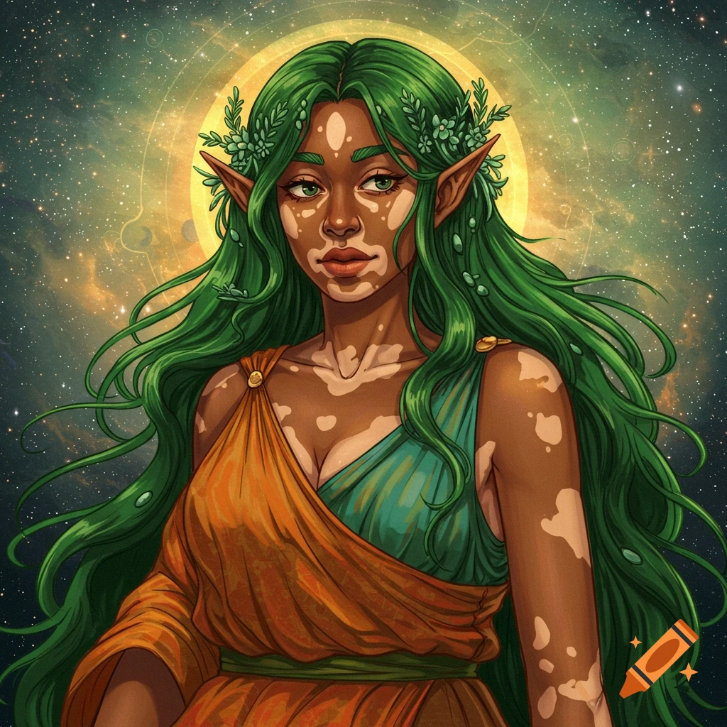 Painting of an earth goddess with green hair and brown skin with ...