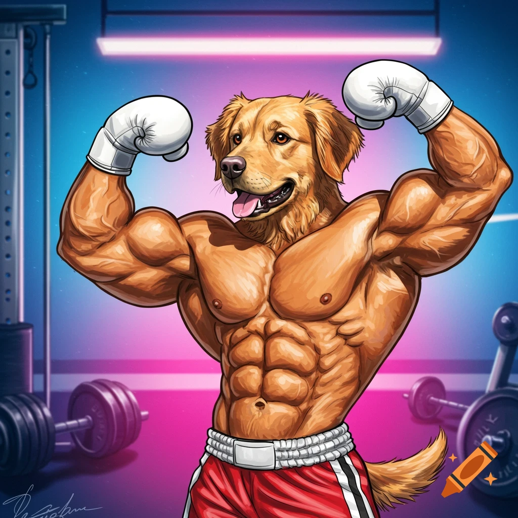 A muscular golden retriever wearing boxing gloves and shorts posing in ...