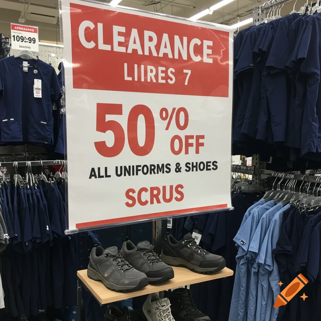 Clearance sign for 50% off uniforms and shoes on Craiyon