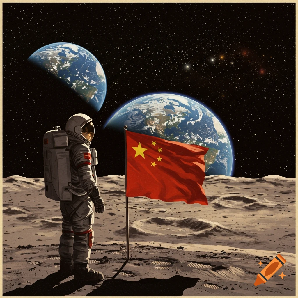 An astronaut stands on the moon and plants a Chinese flag with Earth visible in the background ...