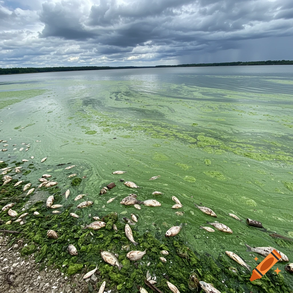 Dead fish on a lake shore covered in green algae bloom under stormy sky ...