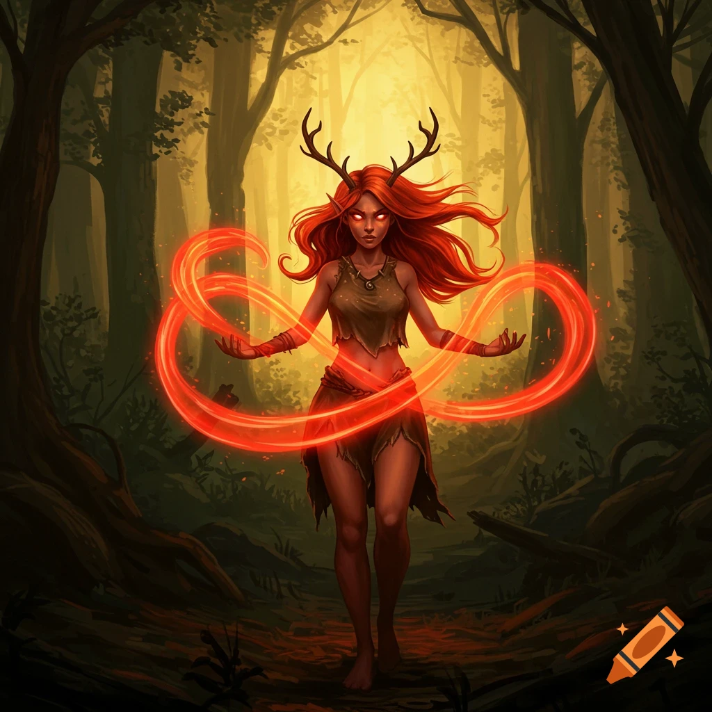 Woman with red-orange hair and fire magic aura in forest on Craiyon